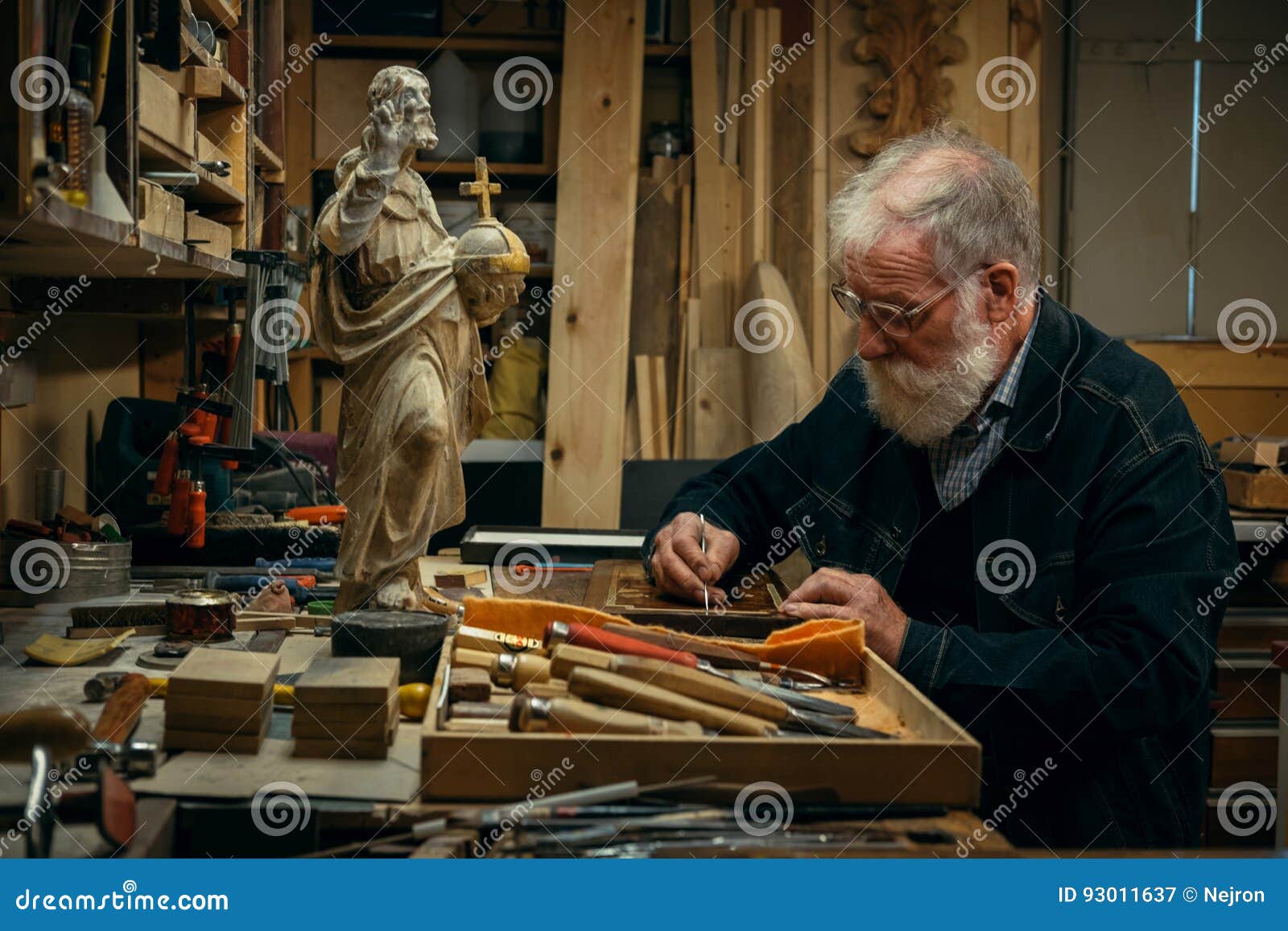 Senior Wood Carving Professional during Work Stock Image - Image of ...