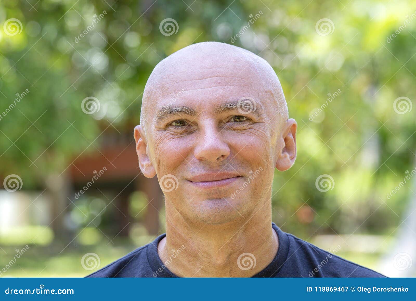 Seniors Portrait Happy Old Bald Man In Nature Close Up Stock Image
