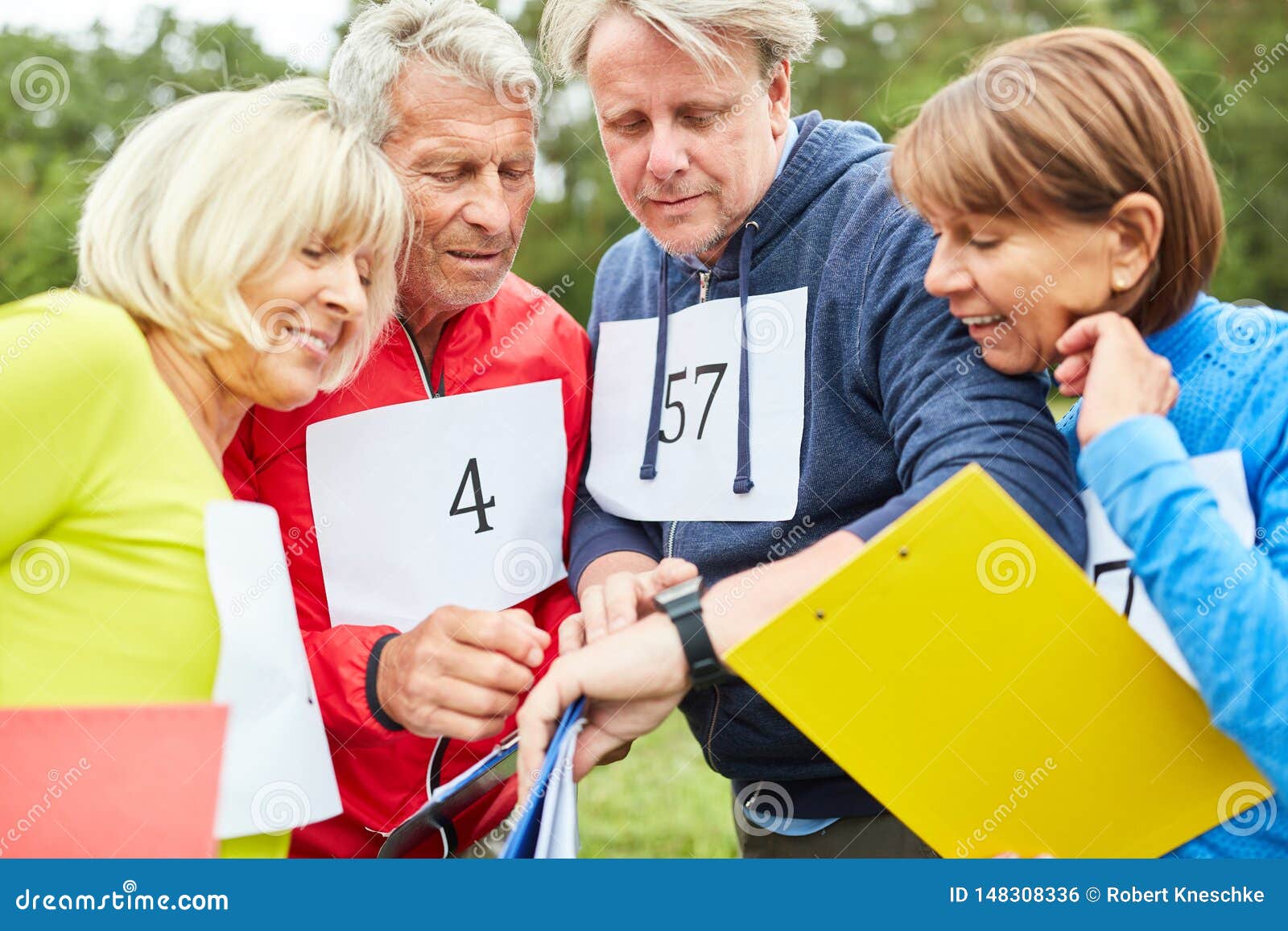 Seniors at Treasure Hunt or Scavenger Hunt Stock Photo - Image of play ...