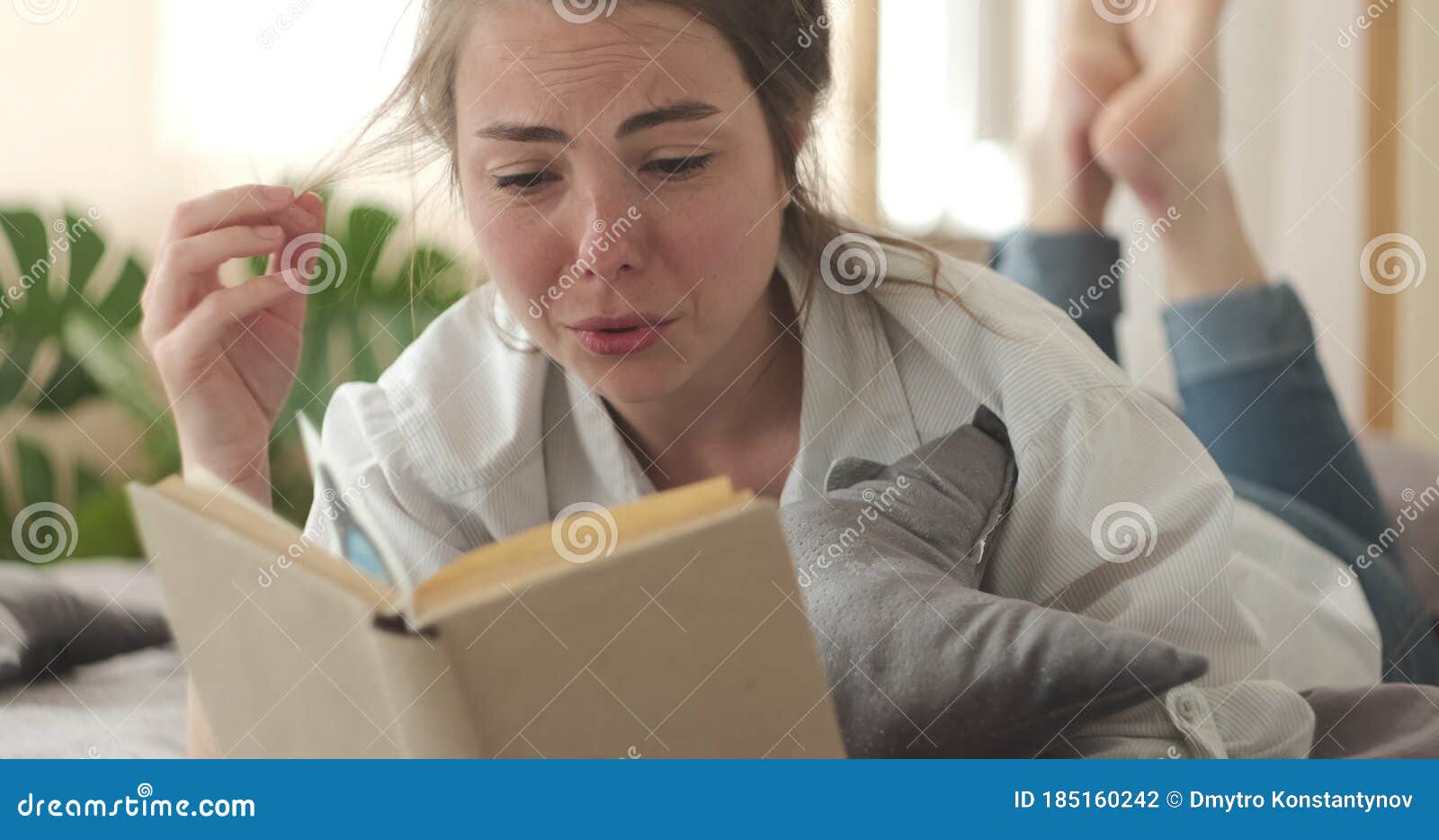 Sad Woman Crying while Reading Book at Home Stock Footage - Video of ...