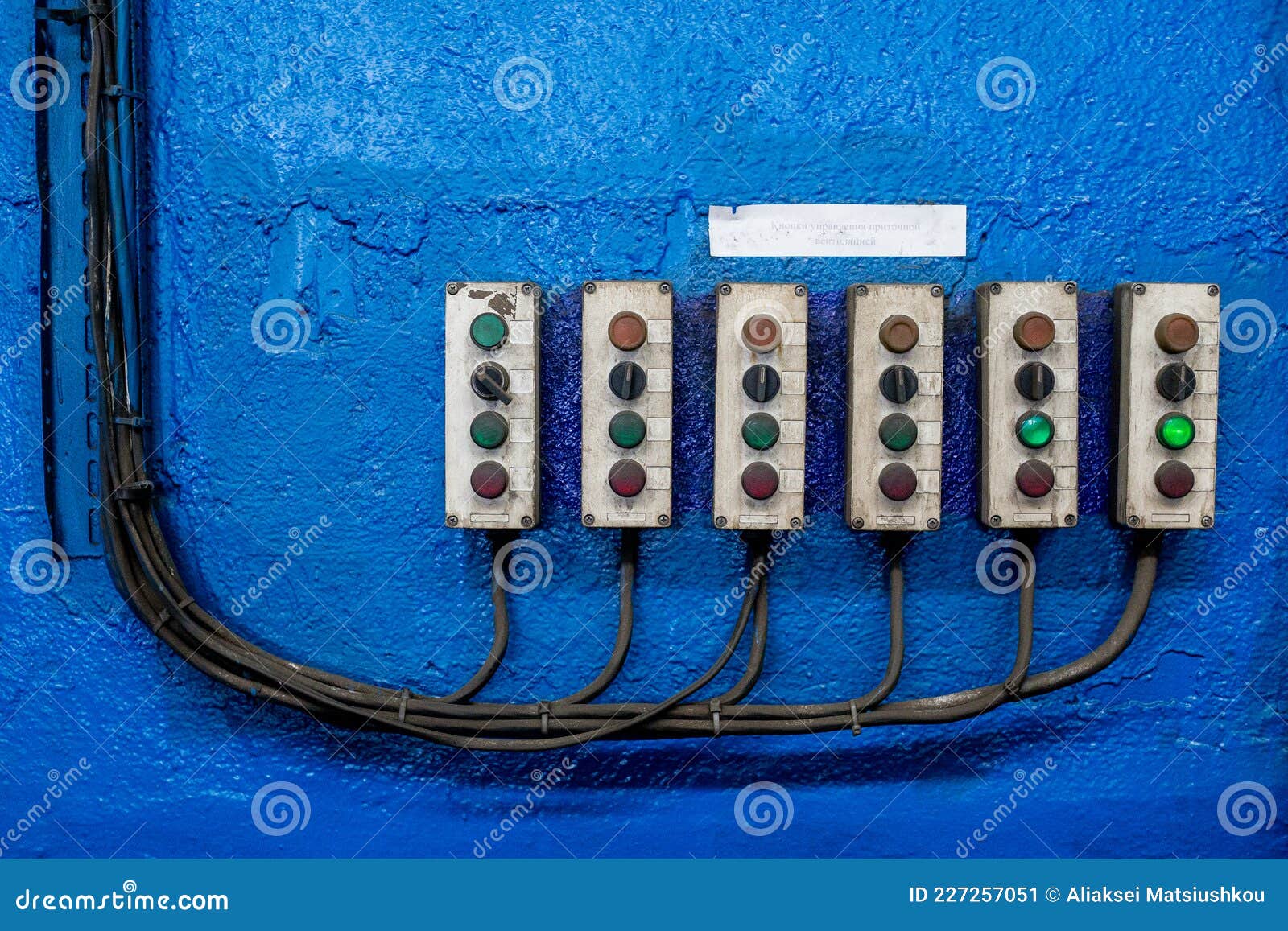 Sensor on a Blue Wall, Wires, Cables, Green Light Stock Image - Image ...