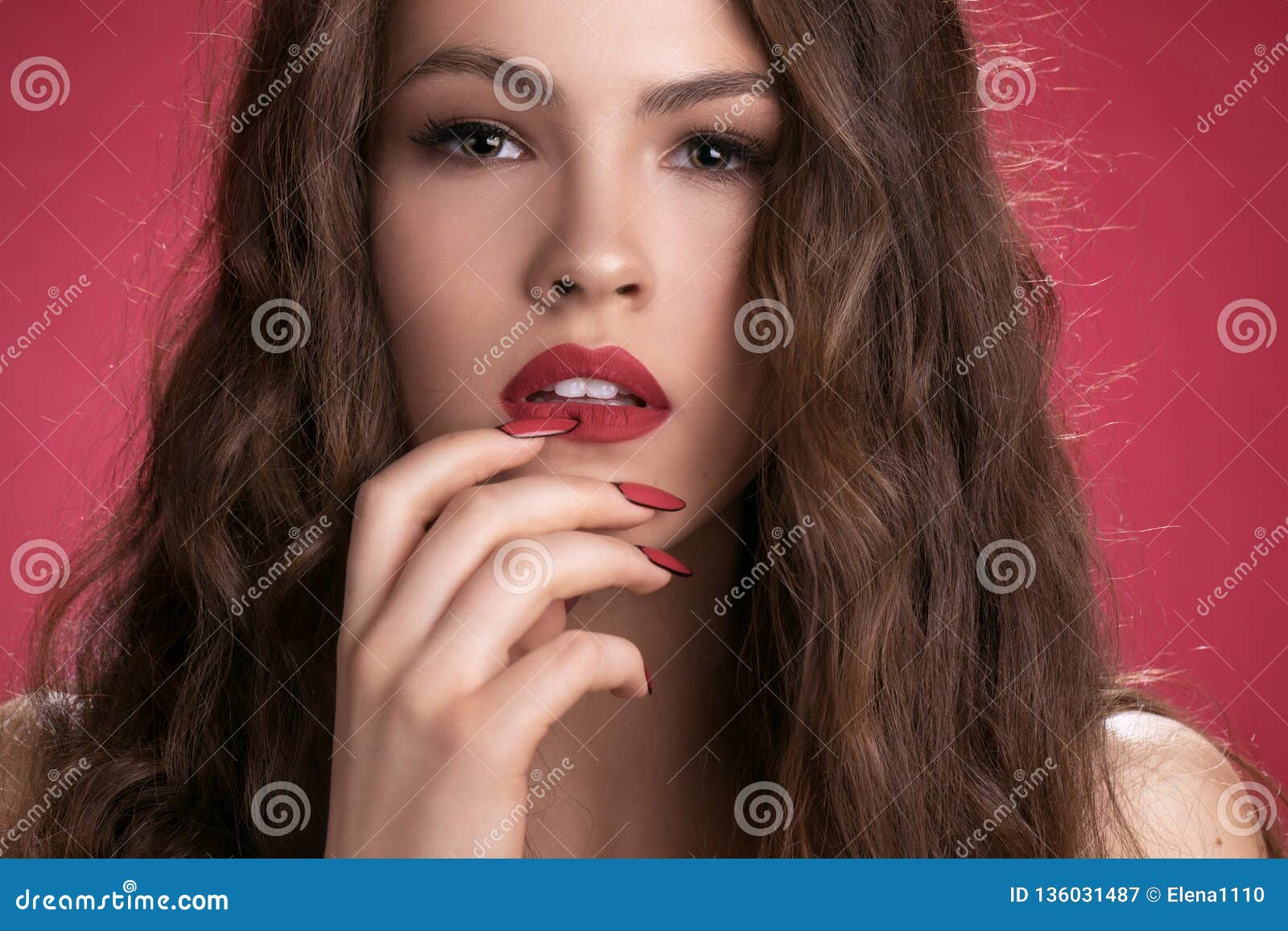 Sensual Beautiful Woman Posing In Red Dress Girl With Long Curly Hair