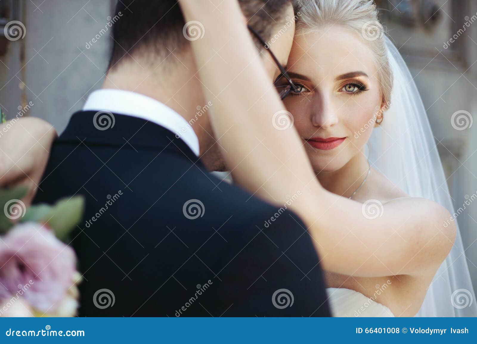 Sensual Blonde Bride Hugging Strong Groom, Face Closeup Stock Photo ...