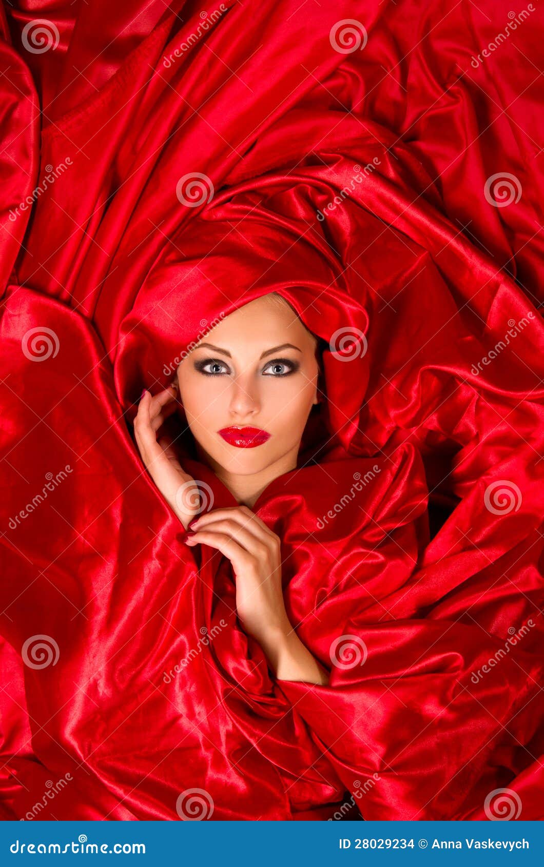 Sensual Face in Red Satin Fabric Stock Photo - Image of material, silk ...