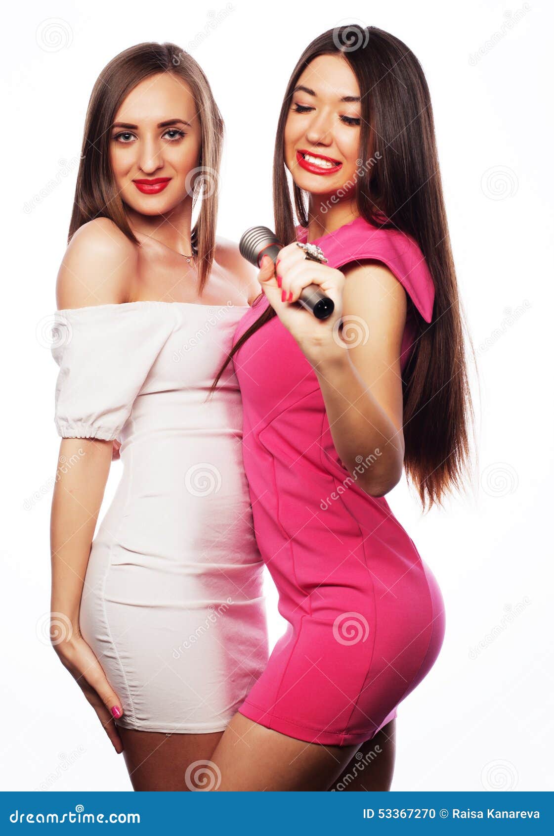 Sensual Girls Singing with Microphone Stock Photo - Image of ...