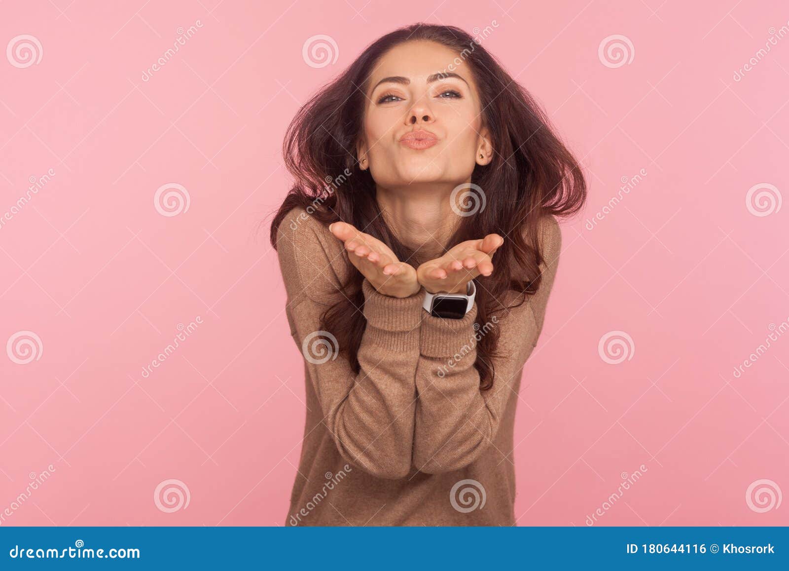 Sensual Kissing Portrait Of Beautiful Young Woman With Brunette Hair