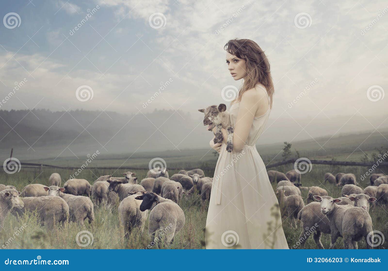 Sensual lady among sheeps stock image. Image of happy - 32066203
