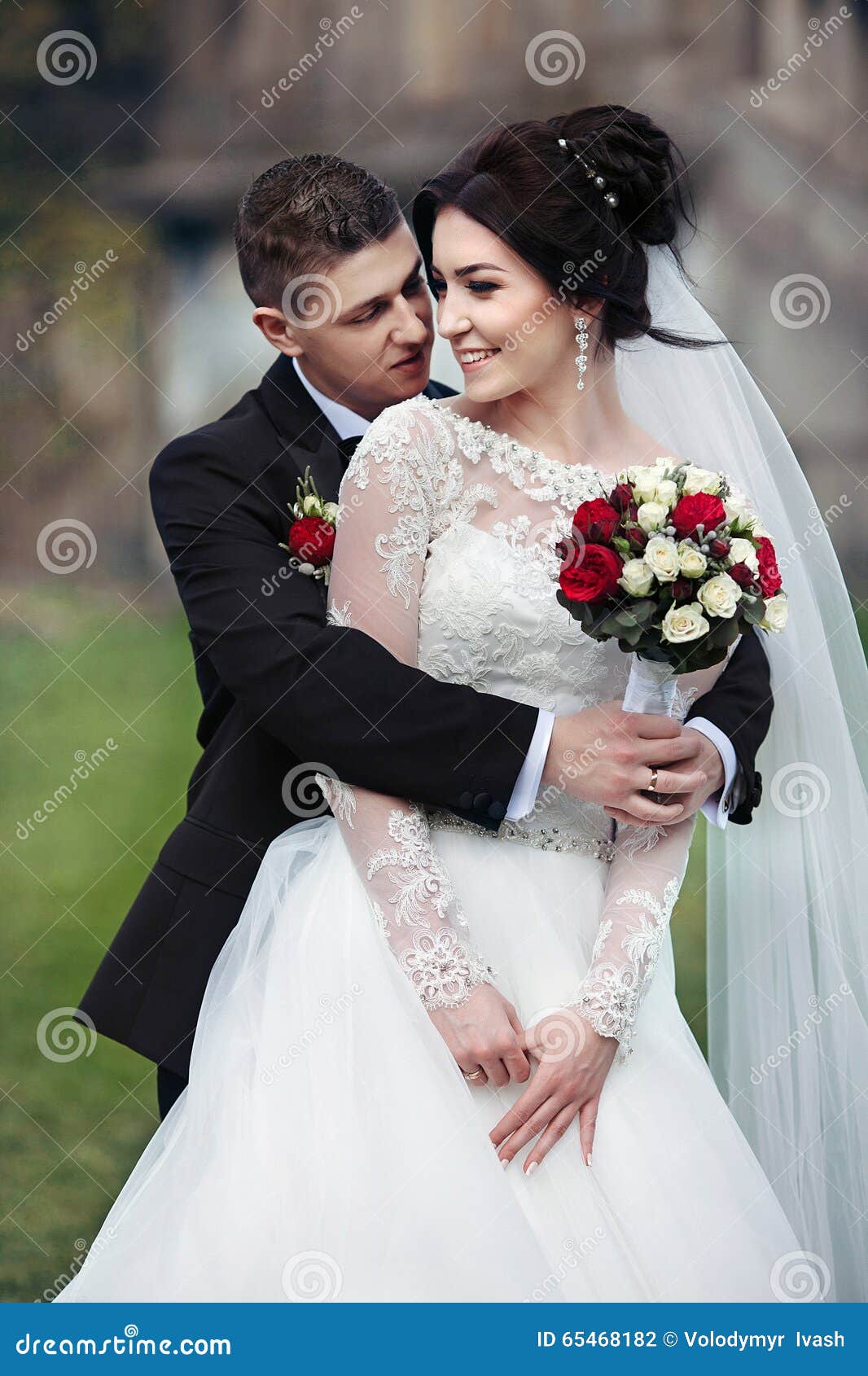 Sensual Romantic Groom Hugging Beautiful Bride from Behind with Stock ...