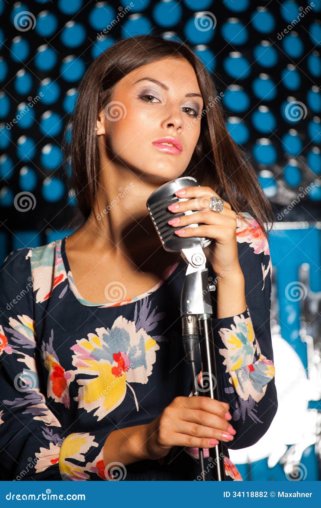 Sensual Singer with Retro Mike Stock Photo - Image of attractive, blue ...