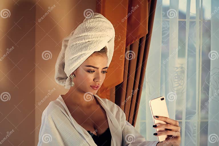 Sensual Woman Body Girl With Towel On Head Taking Selfie After Spa