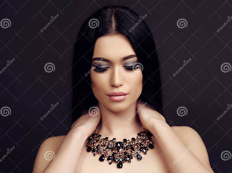 Sensual Woman With Long Dark Hair With Luxurious Bijou Necklace Stock