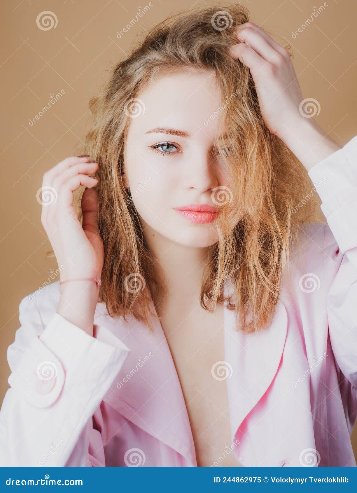 Sensual Woman In White Shirt Seductive Girl Fashion Style Stock