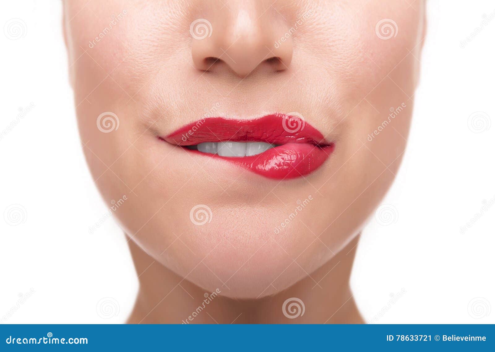 Sensuous Woman Biting Red Lips. Stock Image - Image of detail, female ...