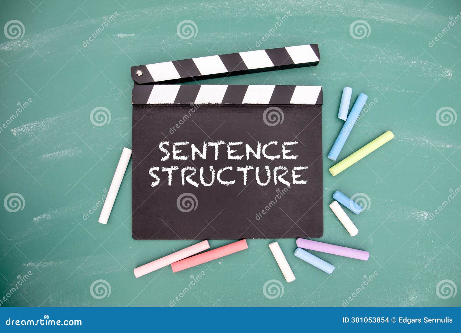 Sentence Structure. Movie Clapper and Colored Pieces of Chalk Stock ...