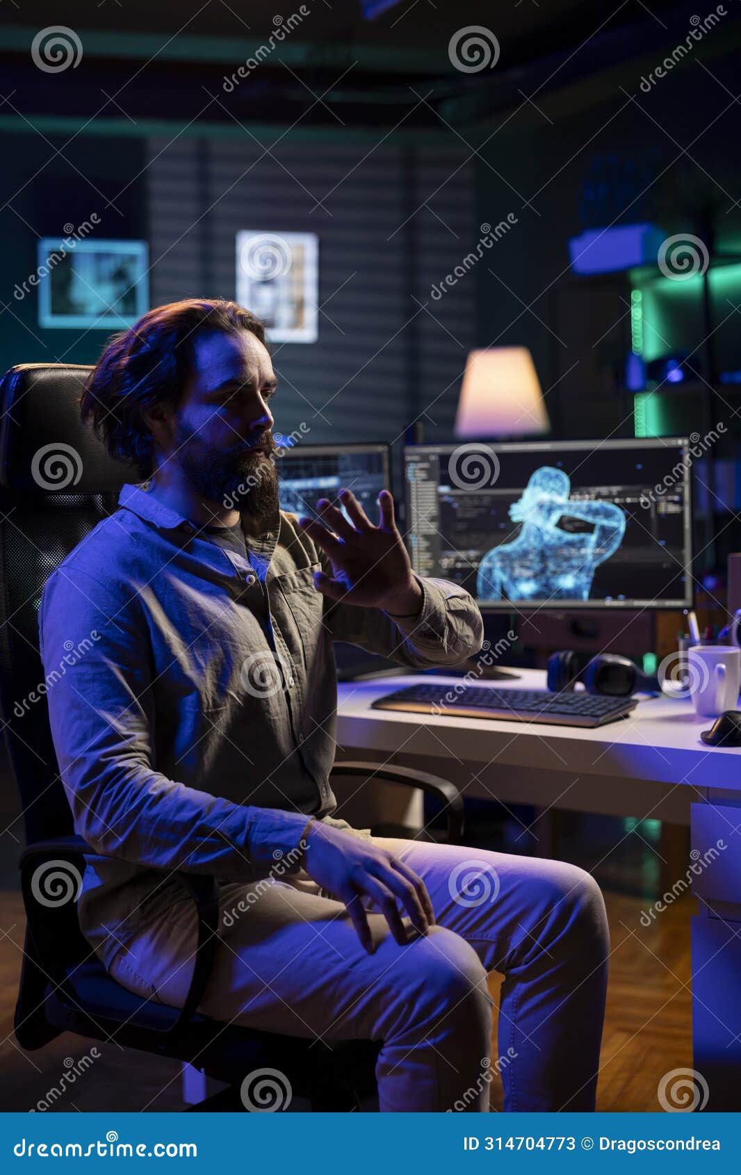 Sentient AI Taking Control of Creator in Neon Lit Apartment, Moving His ...