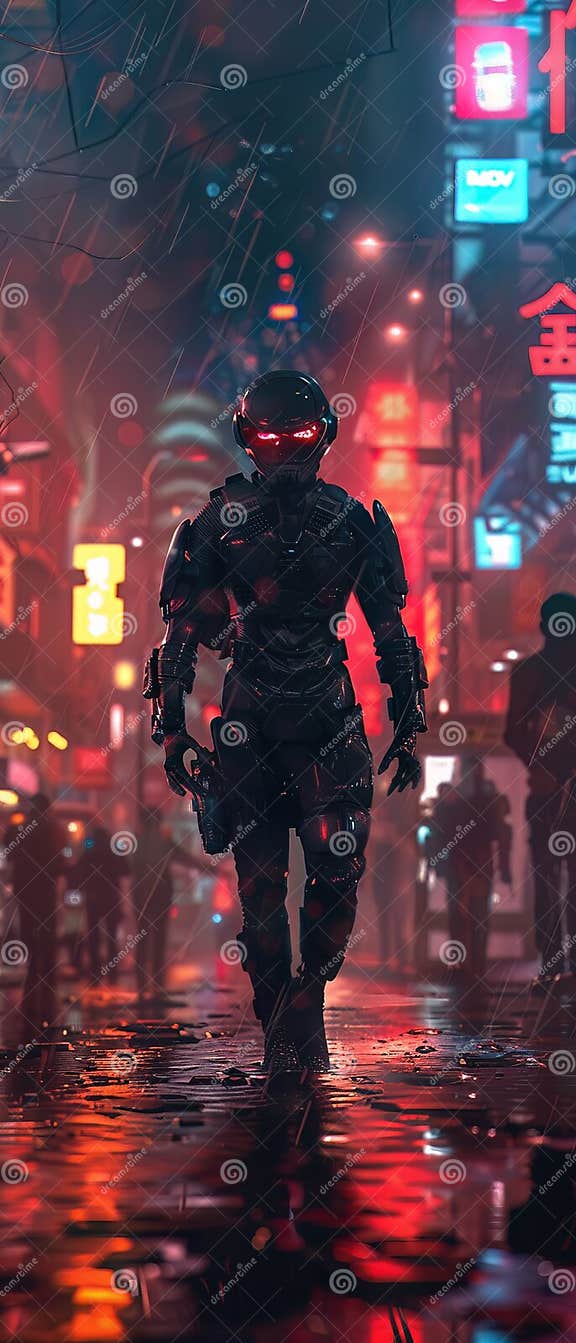 Sentient Android on Patrol Amidst a Blur of Neon the Embodiment of ...