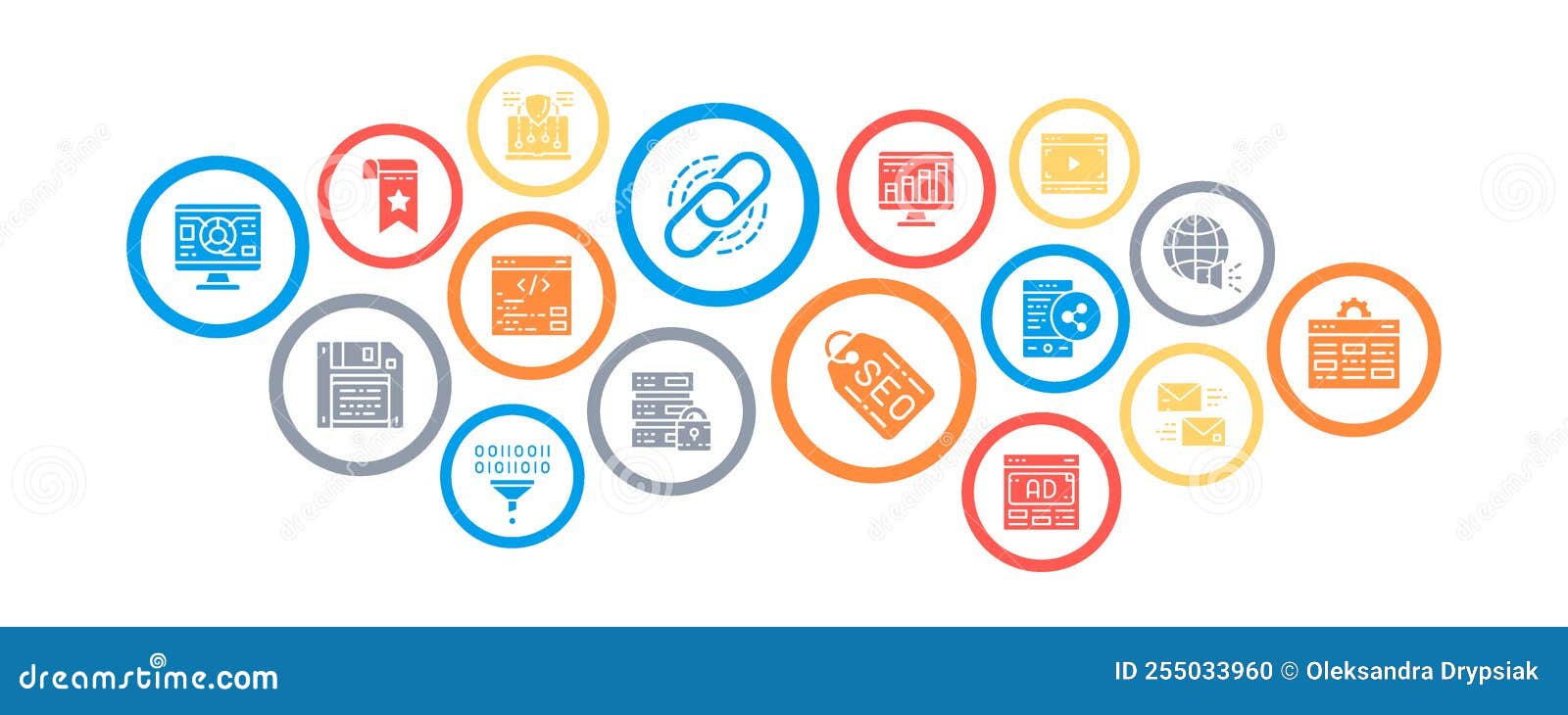 SEO Business Illustration. Bookmark, Hosting, Hyperlink, Advertisement ...