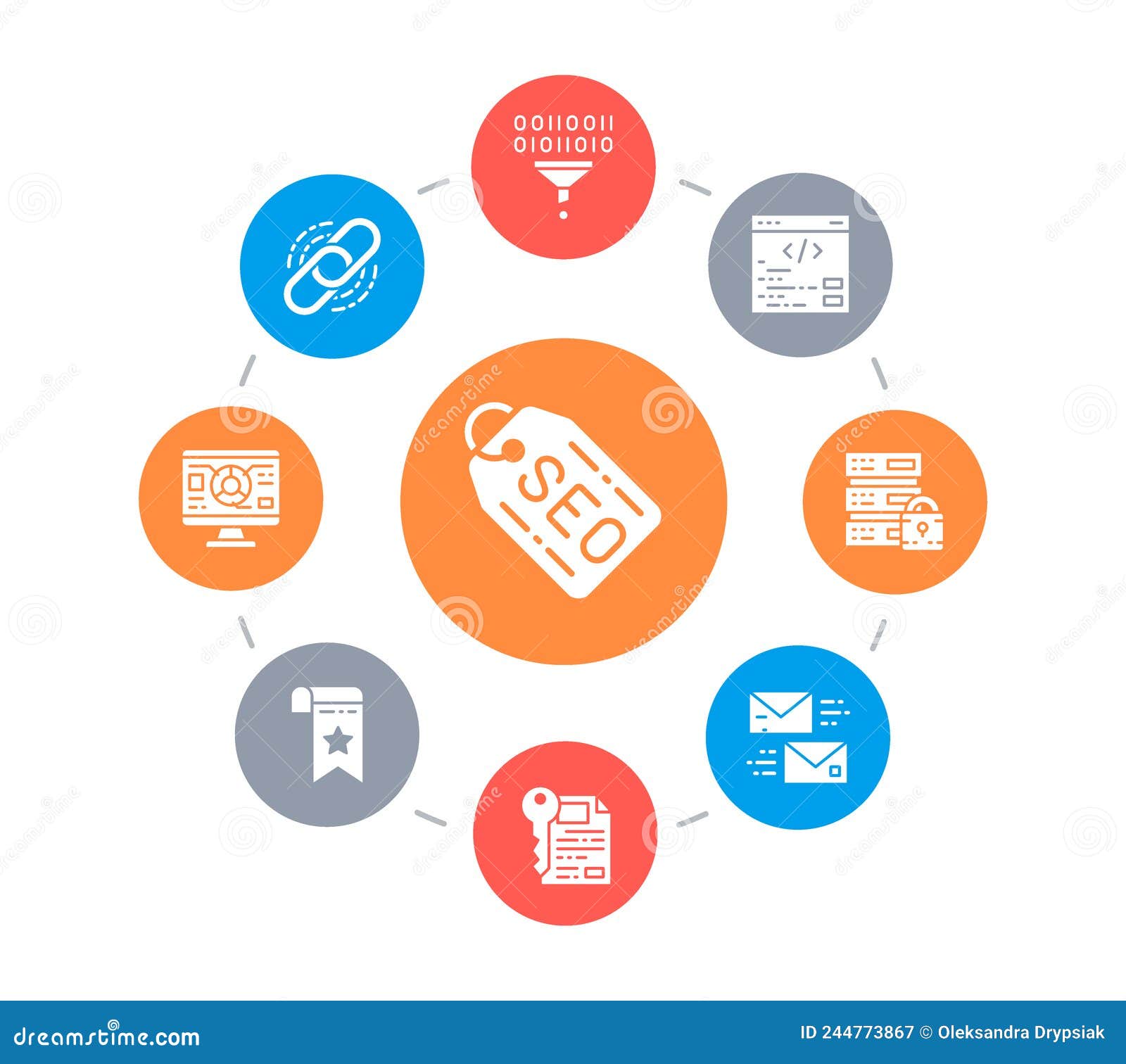 SEO Circle Illustration with Icons. Bookmark, Hosting, Hyperlink ...