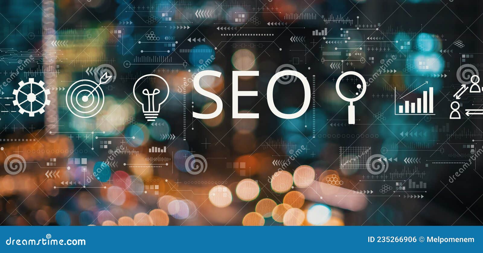 SEO Concept with Blurred City Lights Stock Photo - Image of ...