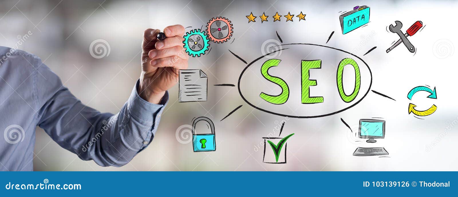 Seo concept drawn by a man stock photo. Image of drawing - 103139126