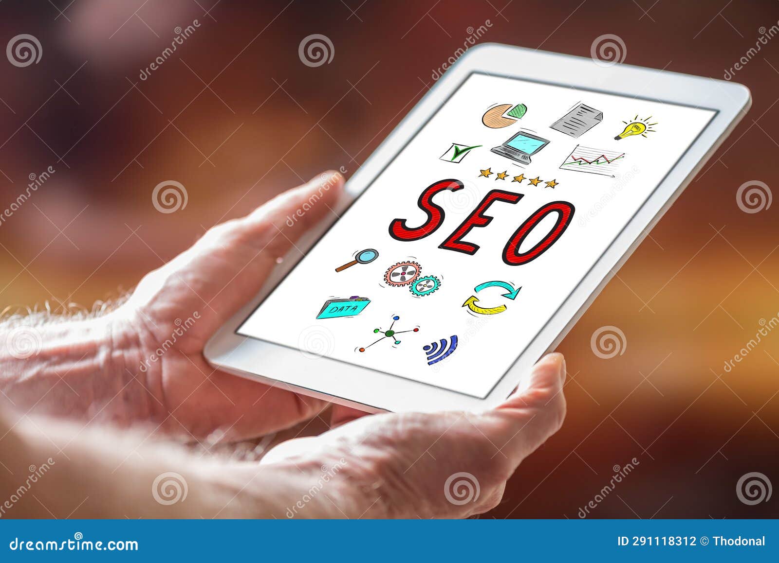 Seo concept on a tablet stock photo. Image of link, engine - 291118312