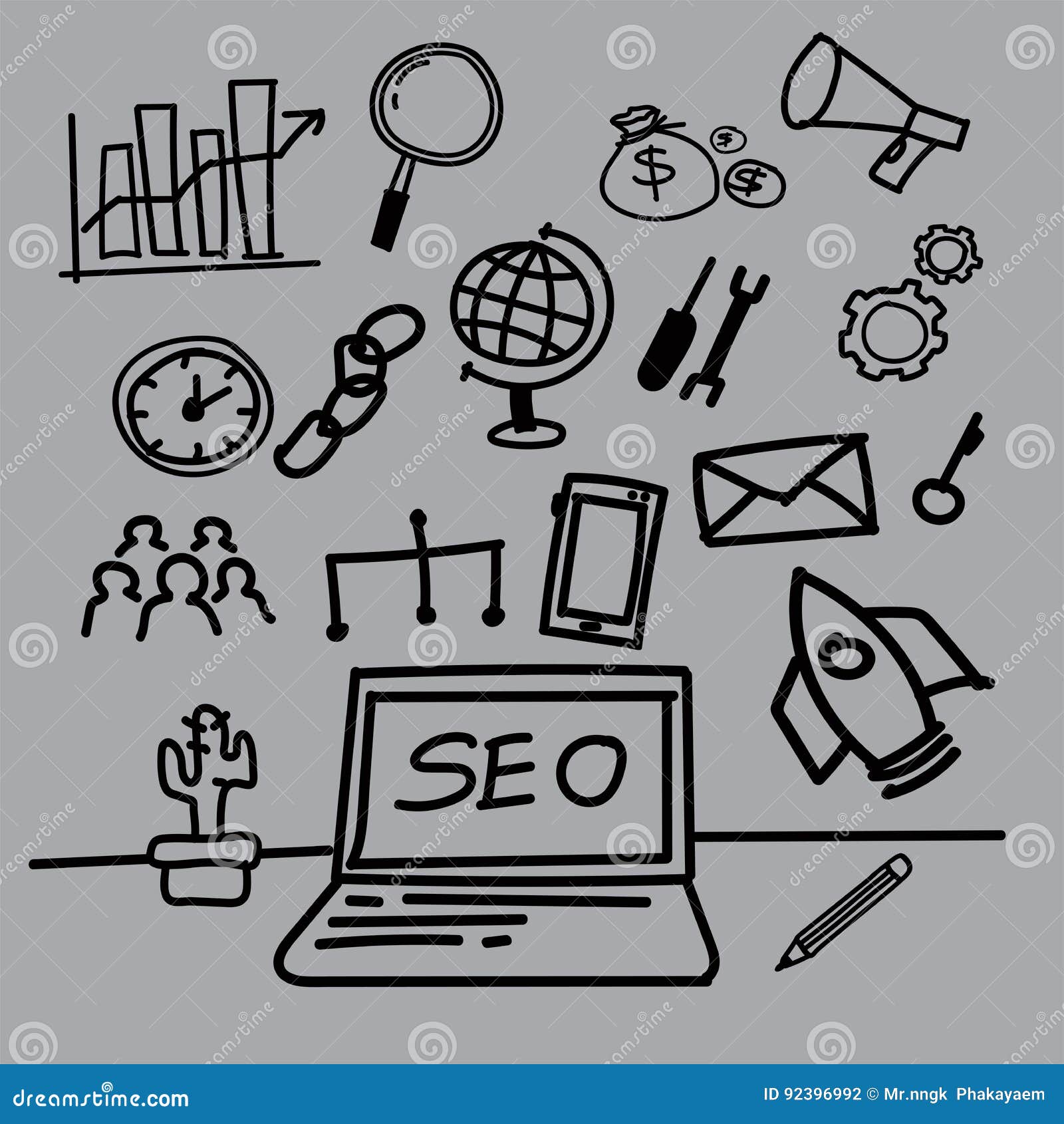 SEO hand-drawn style. stock vector. Illustration of sketch - 92396992