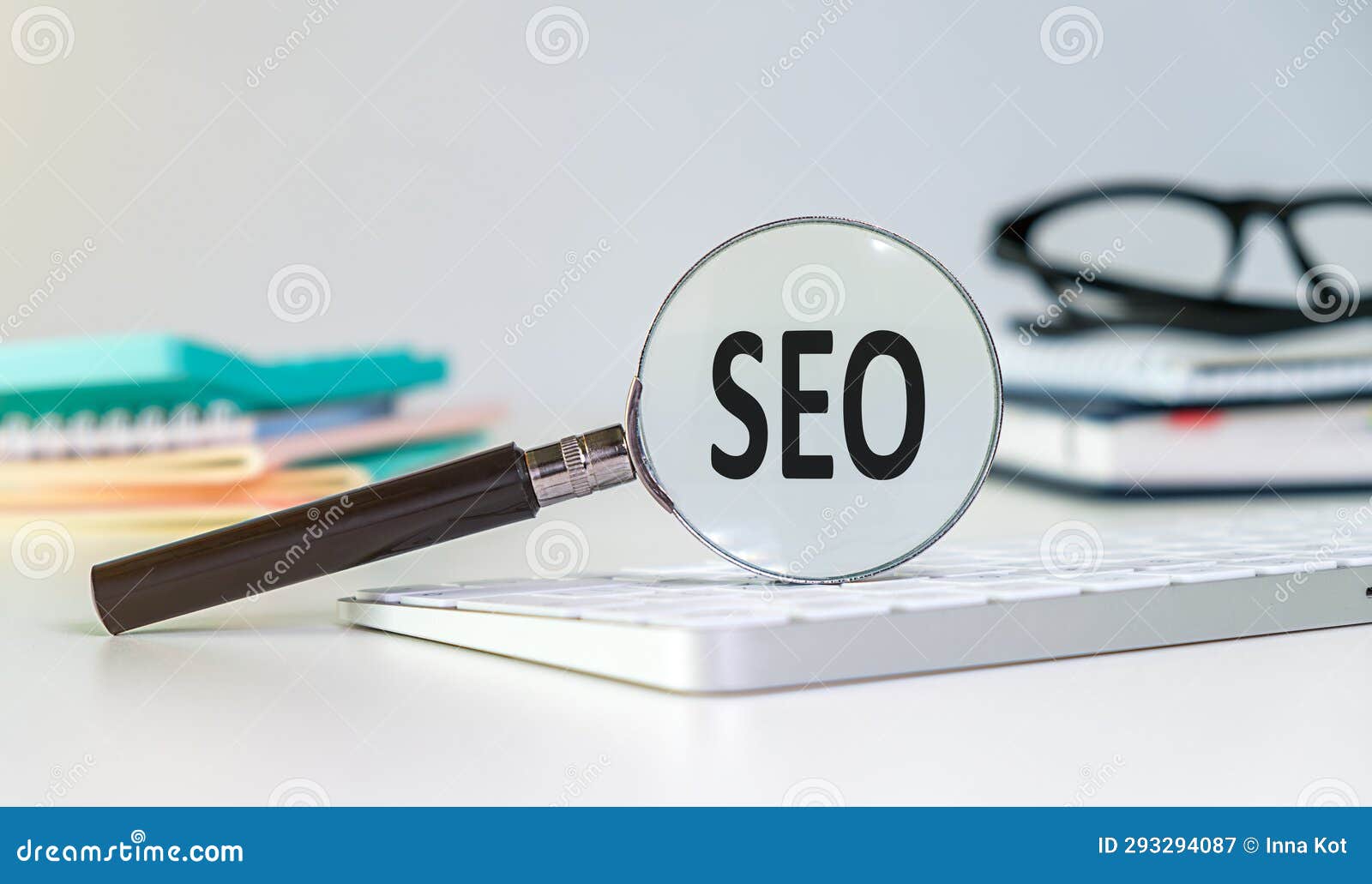 SEO Magnifying Glass on White Table Background. Idea, Vision, Strategy ...