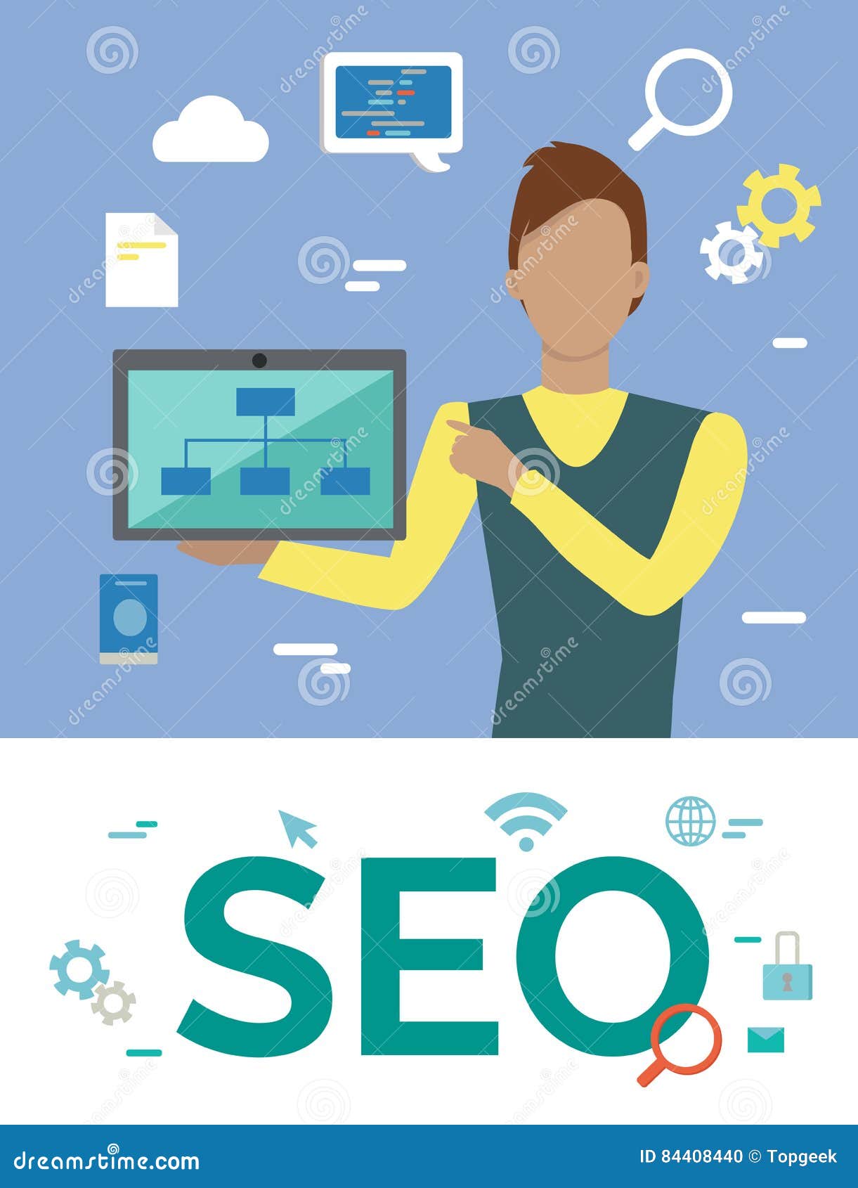 SEO. Man Demonstrating Web Page Design on Tablet Stock Vector ...