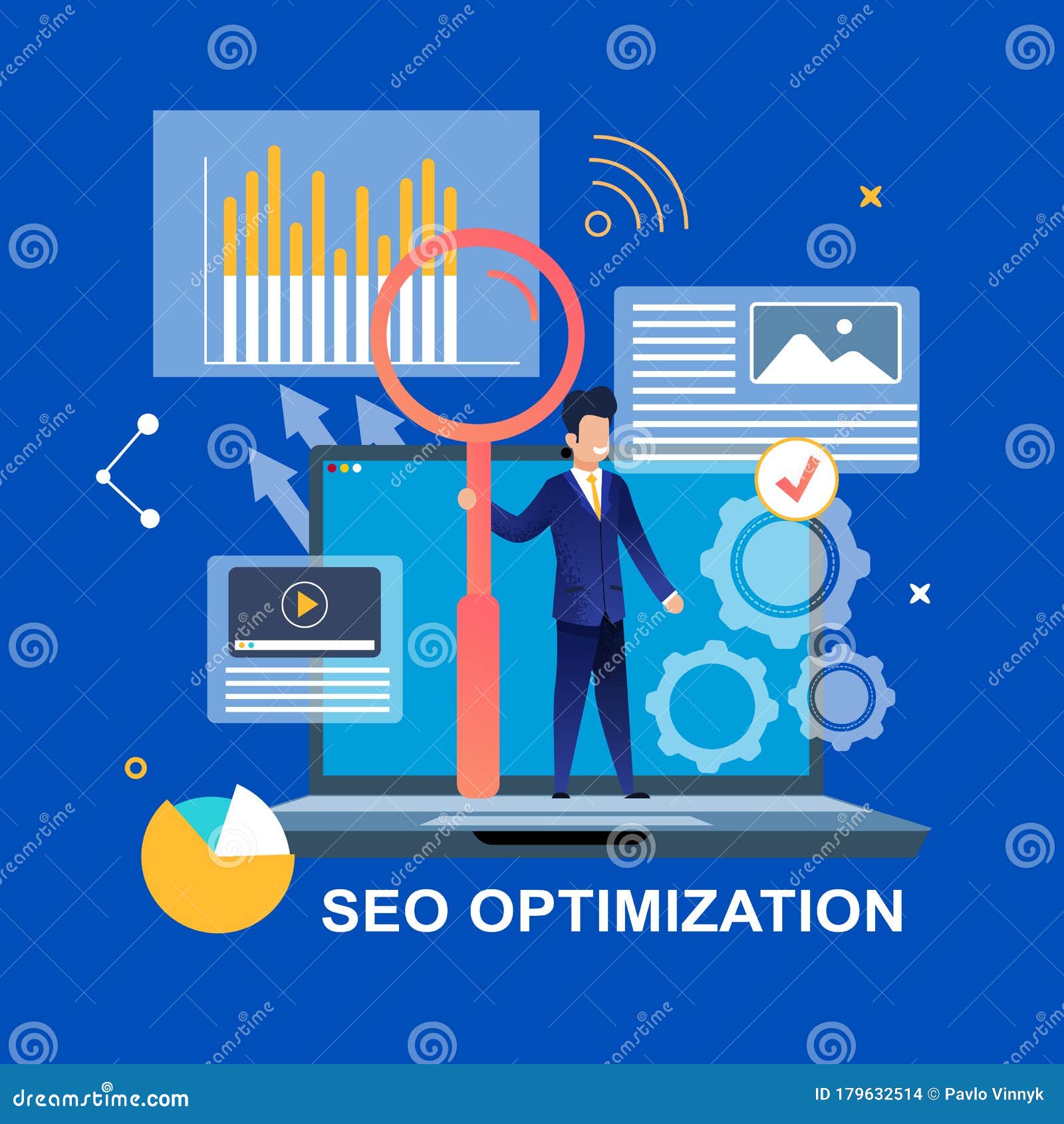 Seo Optimization. Man with Magnifier on Laptop Stock Illustration ...