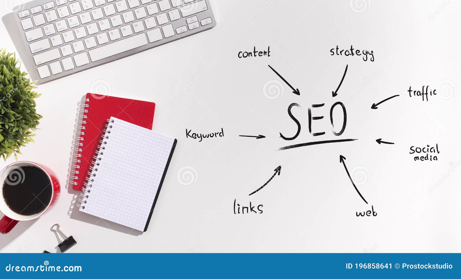 Seo-Optimization Scheme Over White Office Table Background, Collage ...