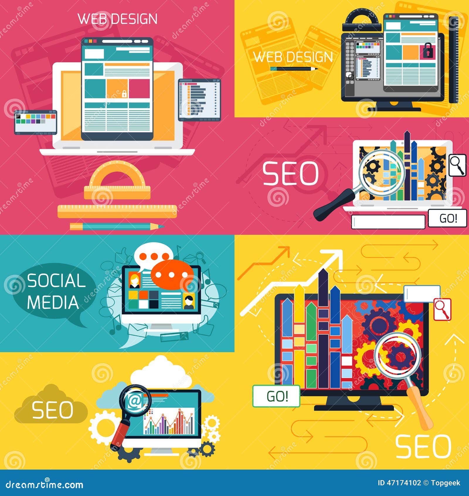 SEO Optimization and Web Design Banners Stock Vector - Illustration of internet, communication ...