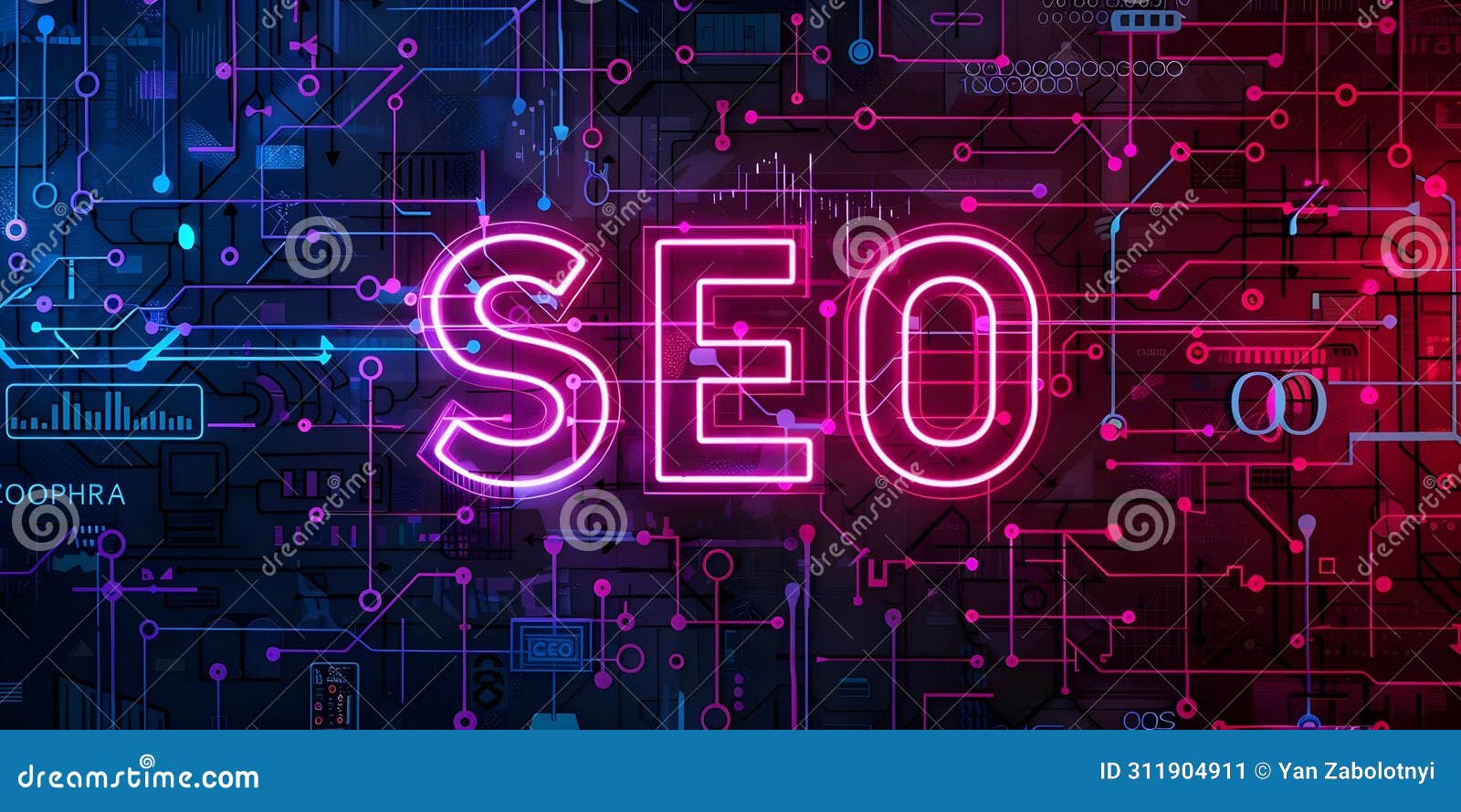 SEO Tools and Data Charts on Neon Screen for Analysis Concept. Concept ...