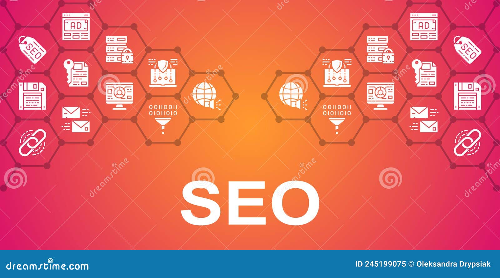 SEO Vector Illustration on Blue Background. Bookmark, Hosting ...