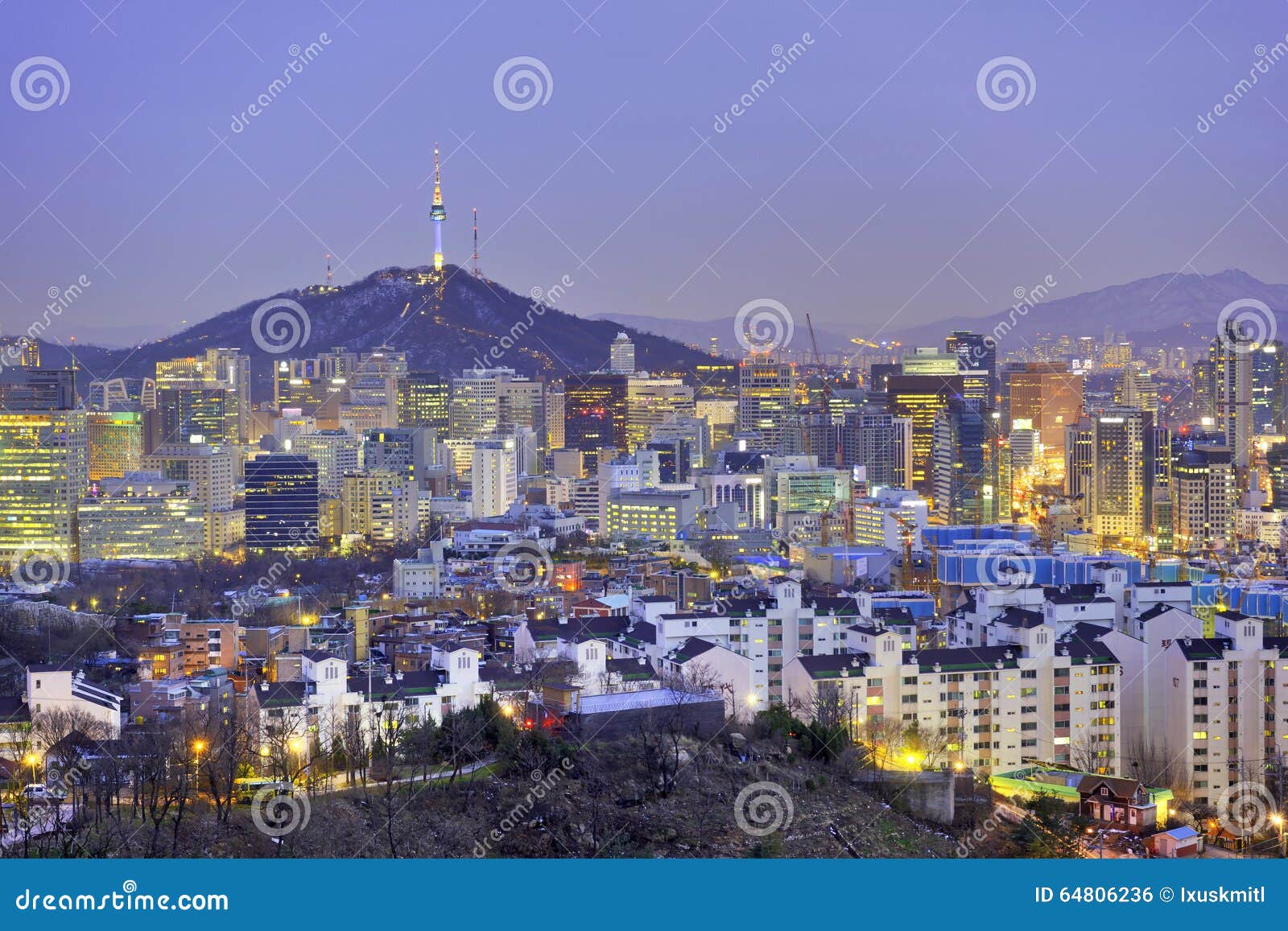Seoul Cityscape And Seoul Tower At Night. Traffic In Seoul, South Korea ...