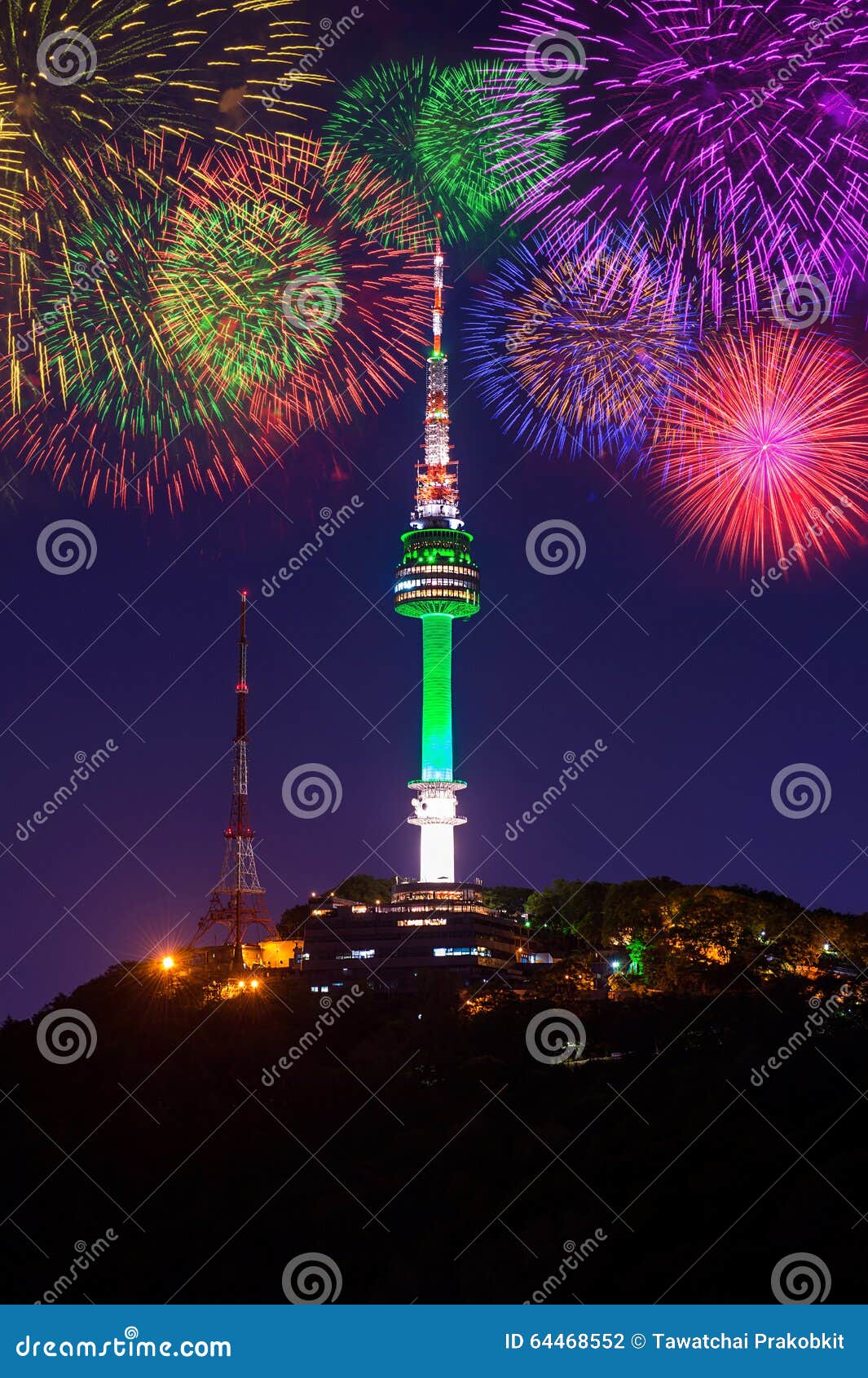 Seoul tower and firework. stock photo. Image of river - 64468552