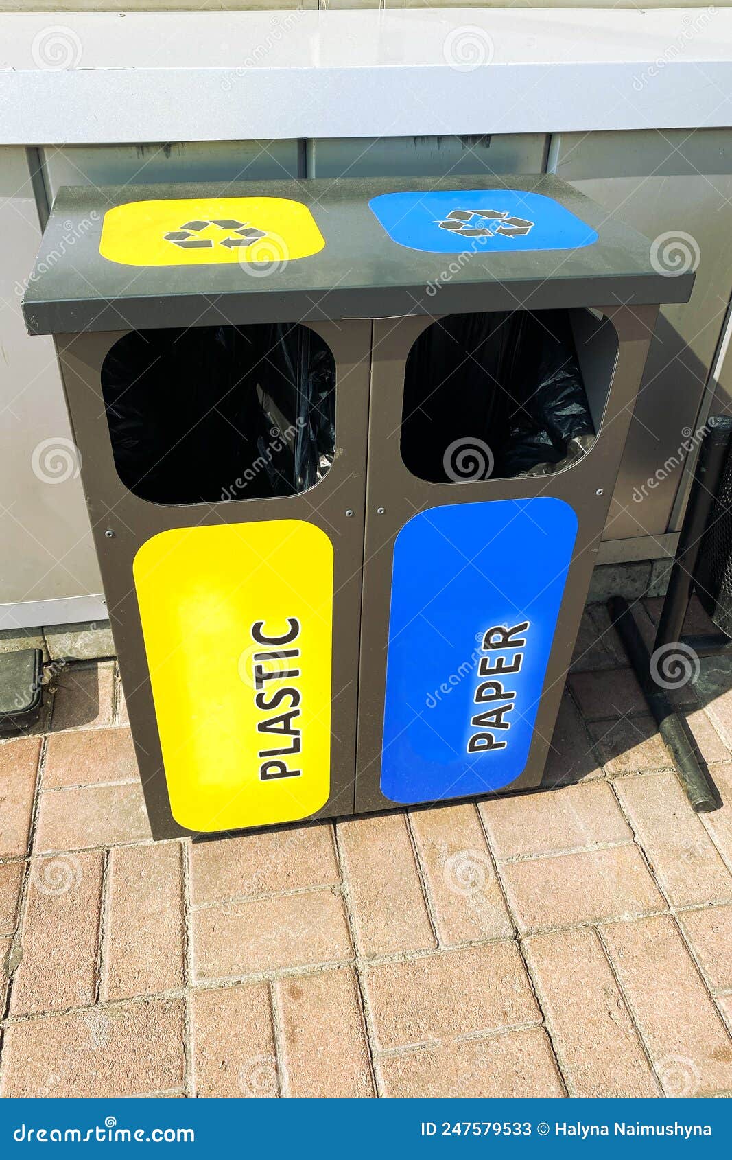 Separate Garbage Collection Containers. Collection of Plastic and Paper ...