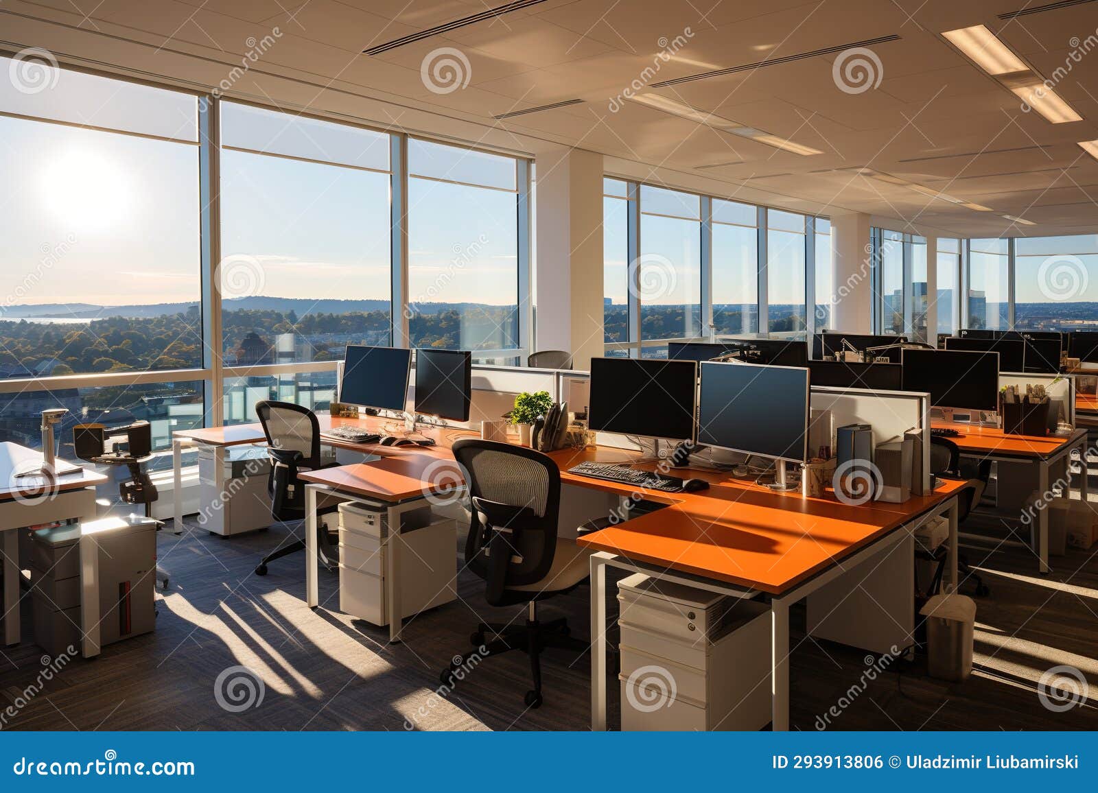 Separate Workstations in One Large Office. a Bright Room with Large ...