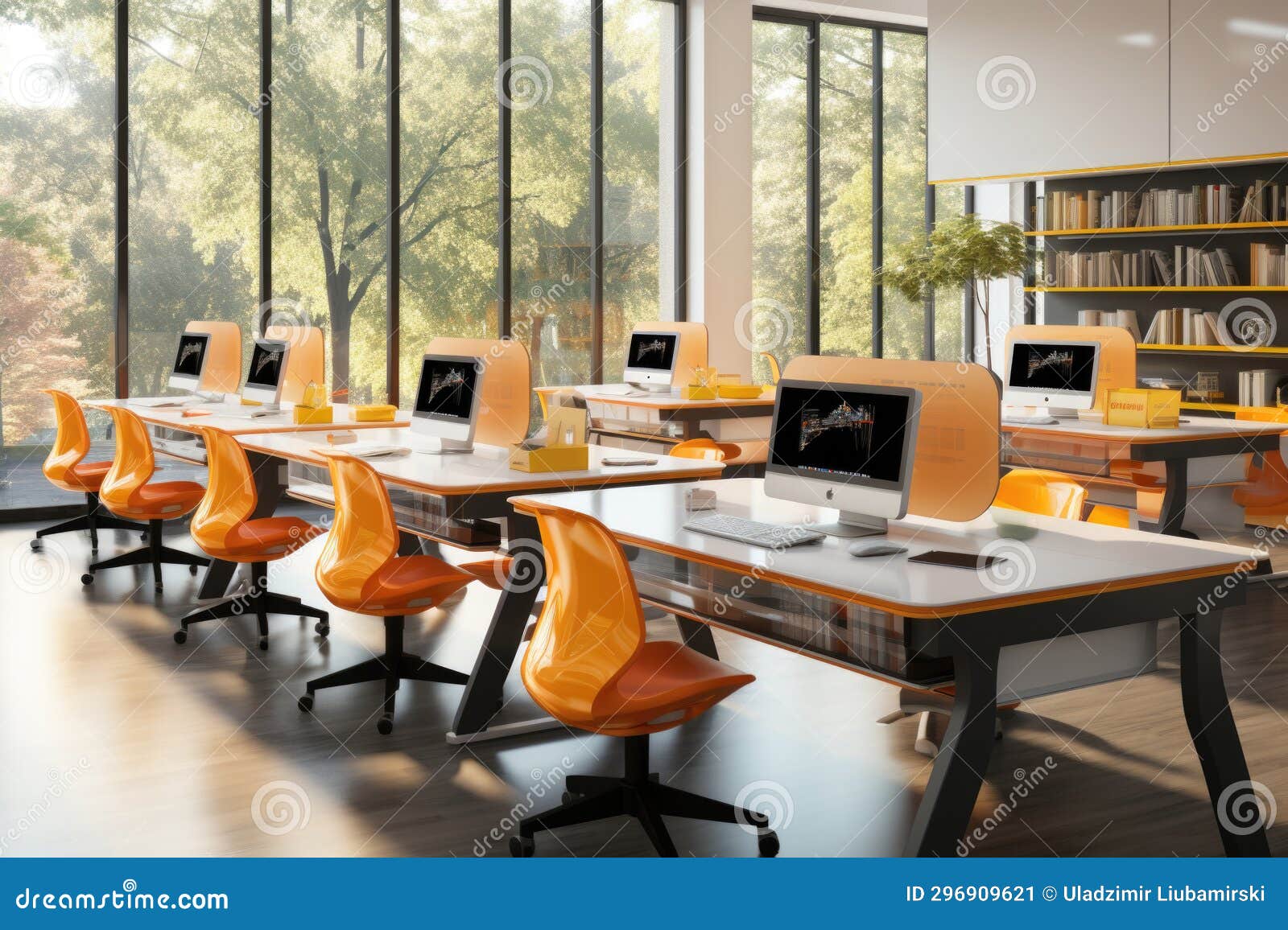 Separate Workstations in One Large Office. a Bright Room with Large ...
