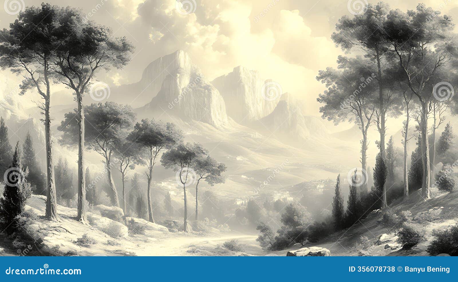 Sepia Mountain Landscape Painting, Forest Path, Sunlight Stock ...