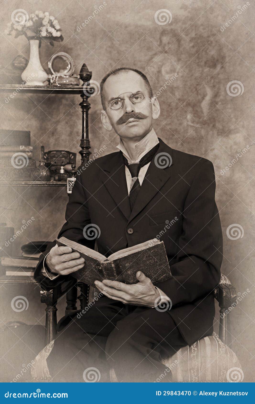 Sepia Portrait of Man Reading the Book Stock Photo - Image of pose ...