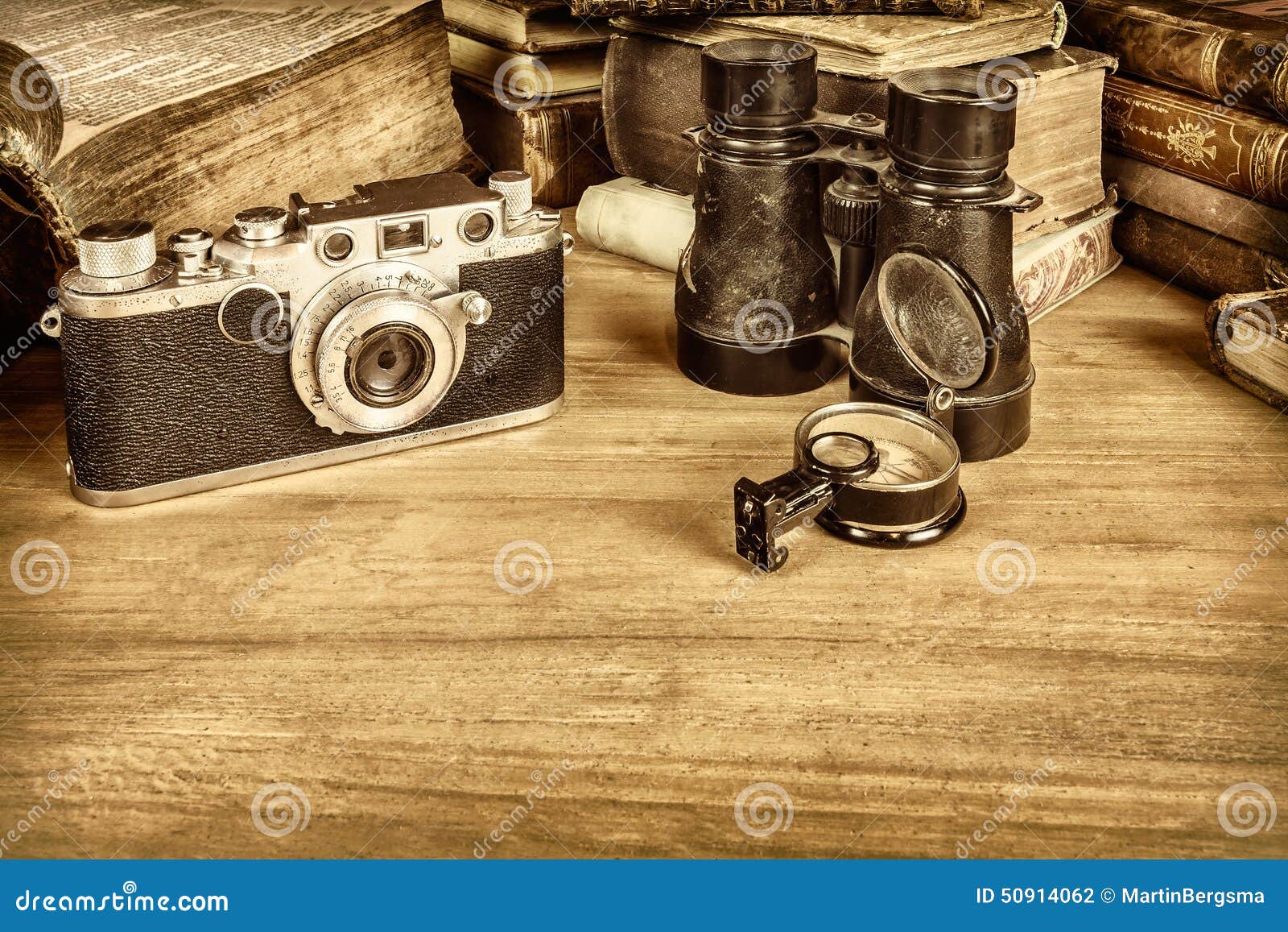 Sepia Styled Image of Camera with Compass and Books Stock Photo - Image ...
