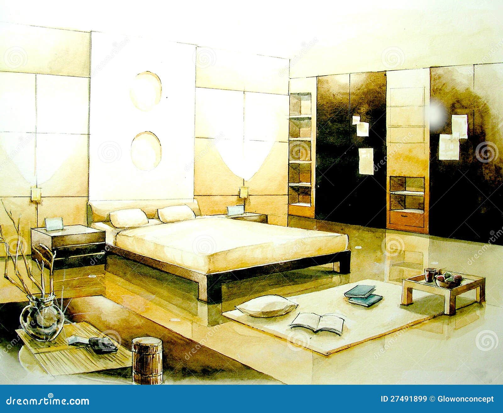 Sepia Tone Bedroom Interior Illustration Design Stock Illustration ...