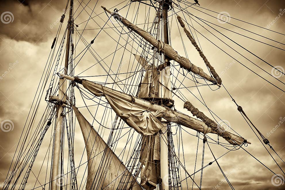 Masts and Sails of an Ancient Sailing Ship Stock Image - Image of ...
