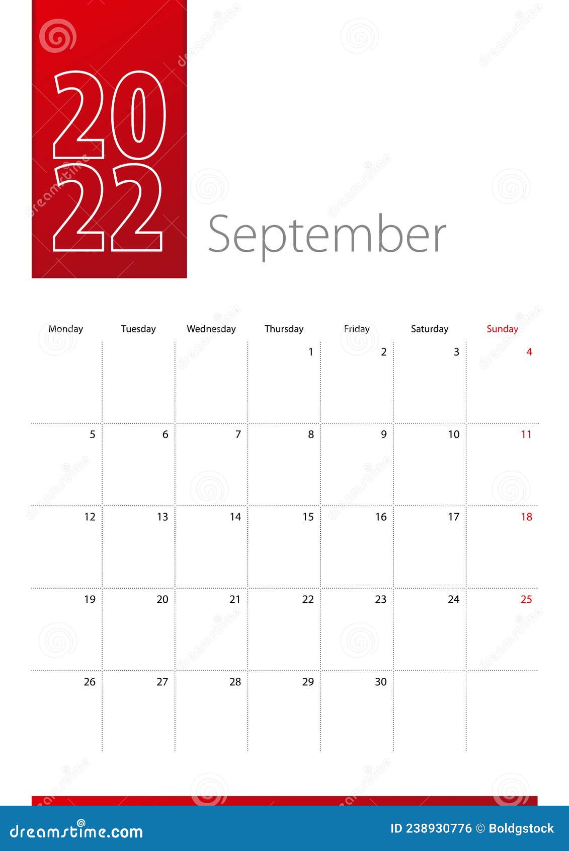 September 2022 Calendar Design. Week Starts on Monday. Vertical ...