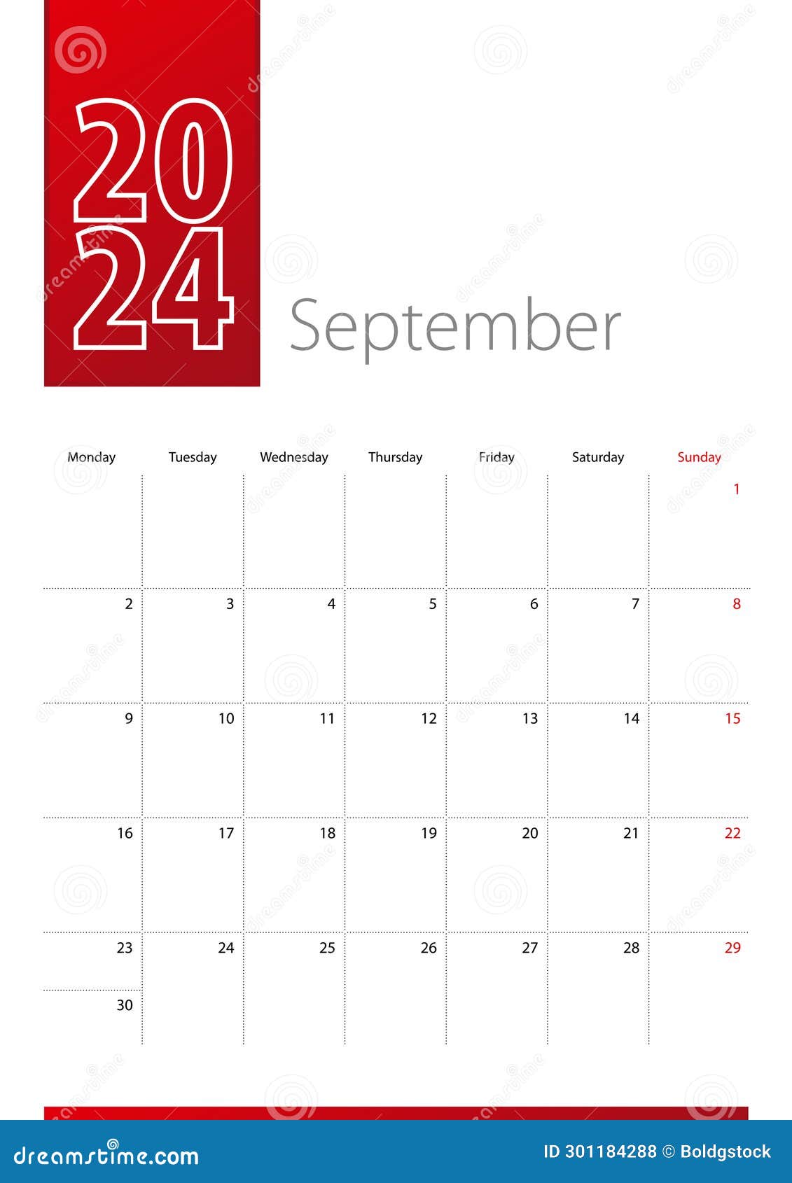 September 2024 Calendar Design. Week Starts on Monday. Vertical ...