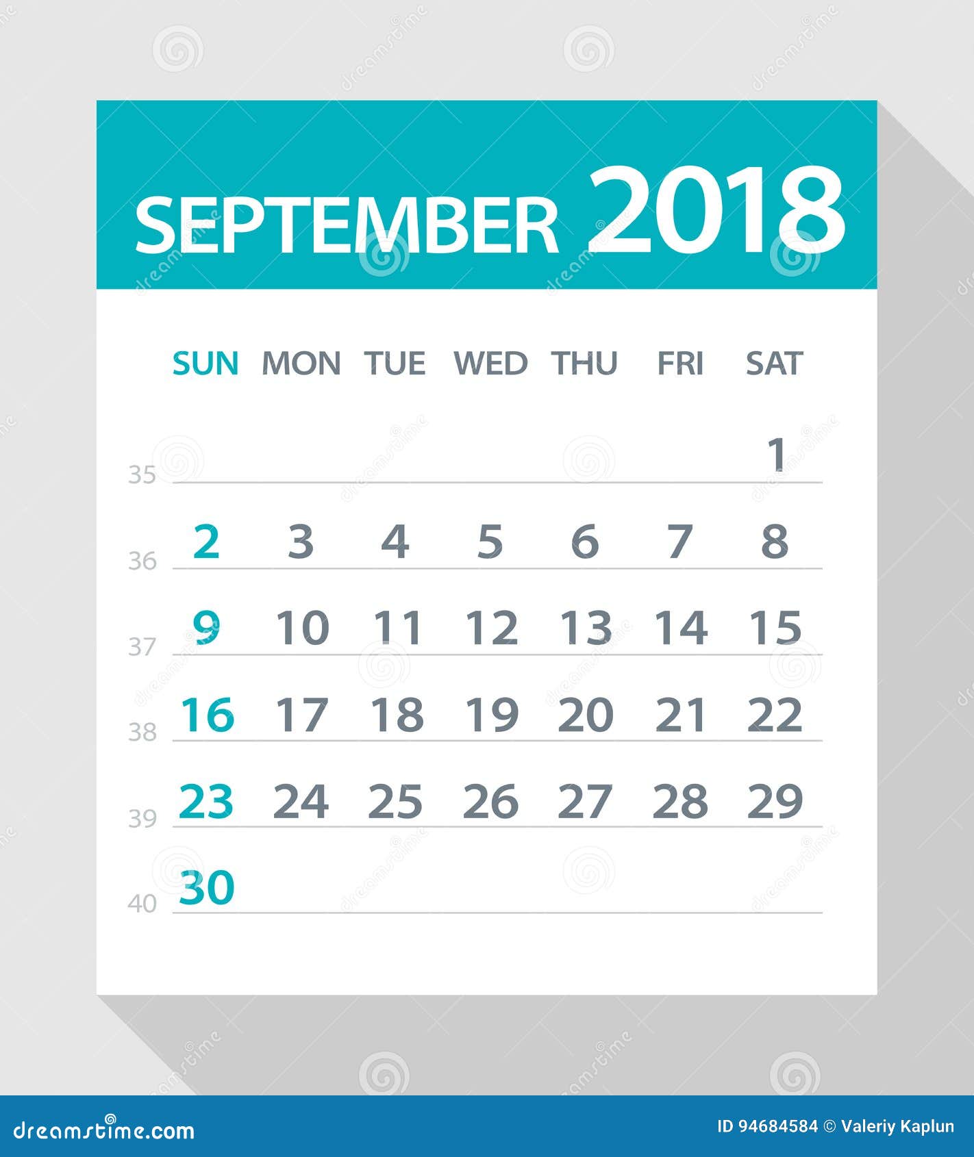 September 2018 Calendar Flat Leaf - Illustration Stock Illustration ...