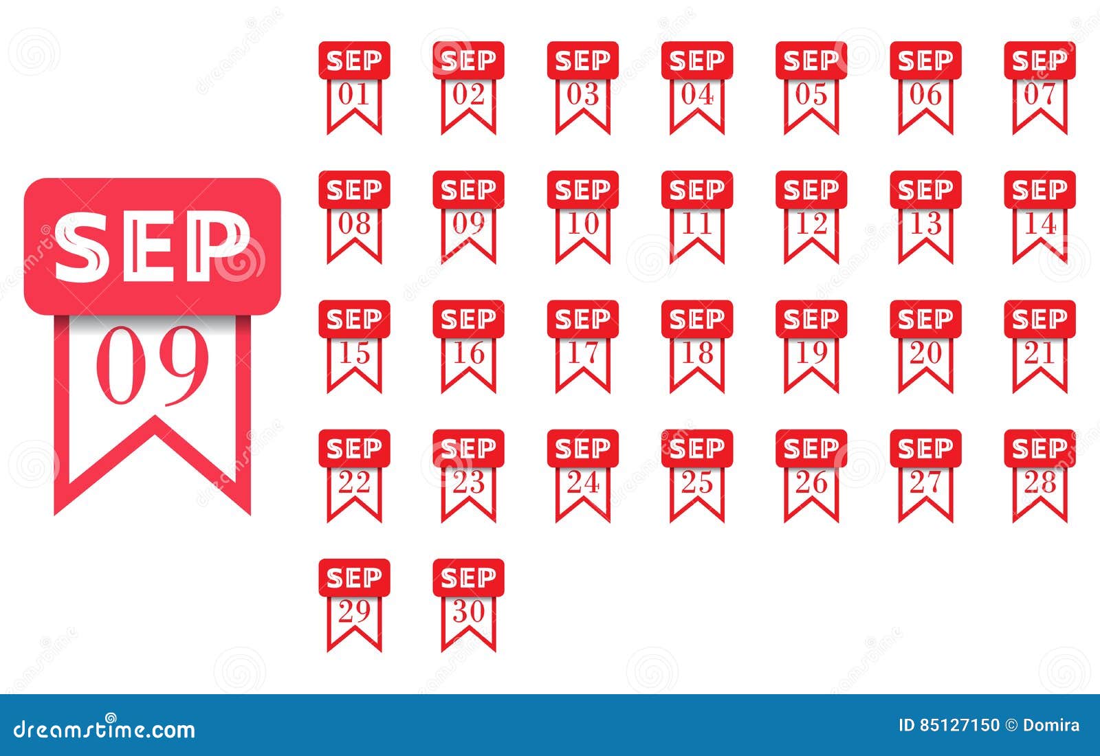 September. Calendar Icon for Every Day of Month. Flat Style. Vector ...