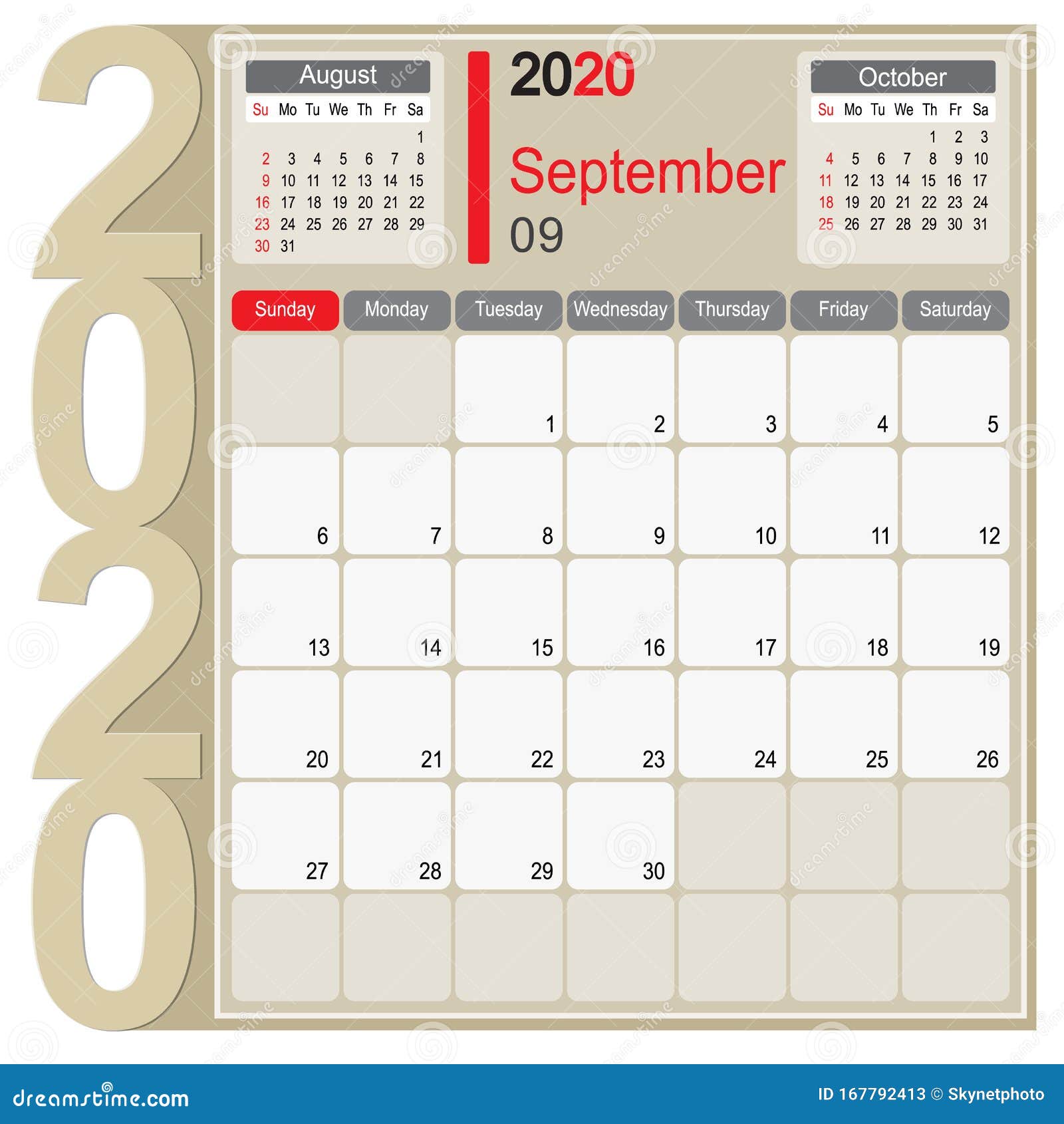 September 2020 Calendar Monthly Planner Design Stock Vector ...