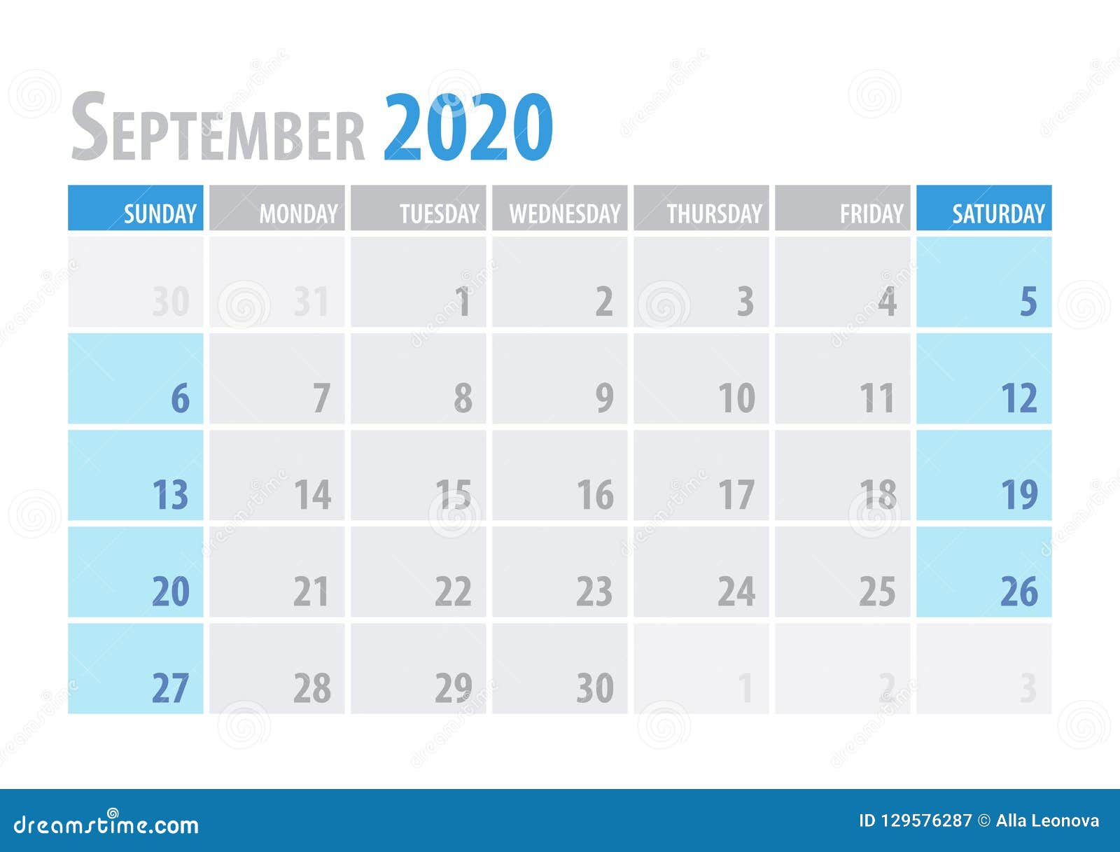 September. Calendar Planner 2020 in Clean Minimal Table Simple Style ...