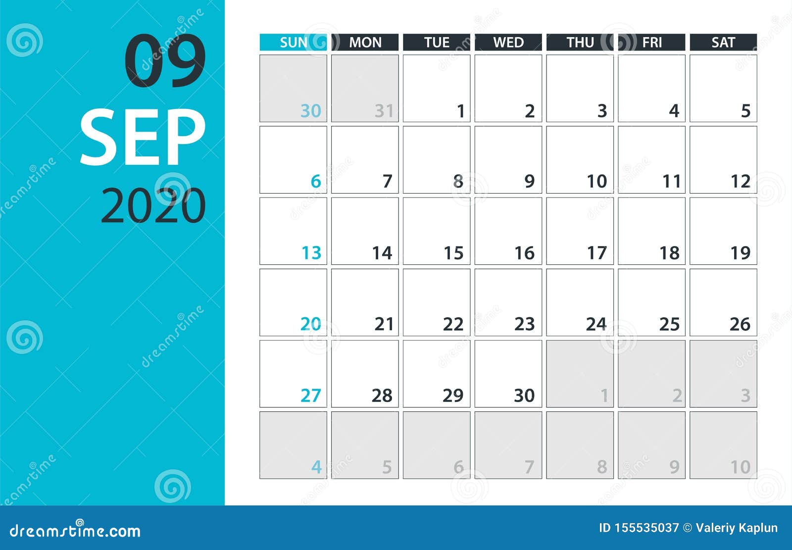 September 2020 Calendar Planner - Vector Illustration. Template. Mock ...